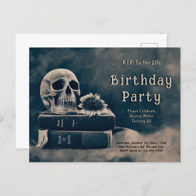 Gothic Skull Vintage Books Macabre RIP To Her 20s Invitation Postcard ...