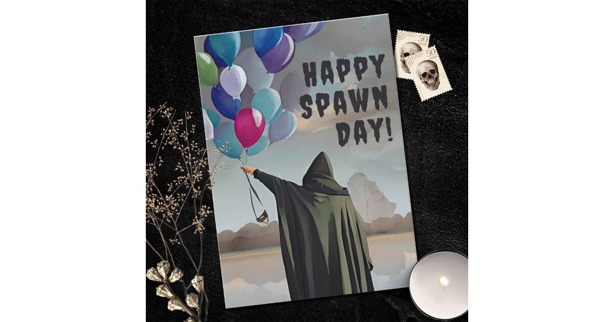 Gothic Spawnday Balloons & Dark Clouds Birthday Card | Zazzle