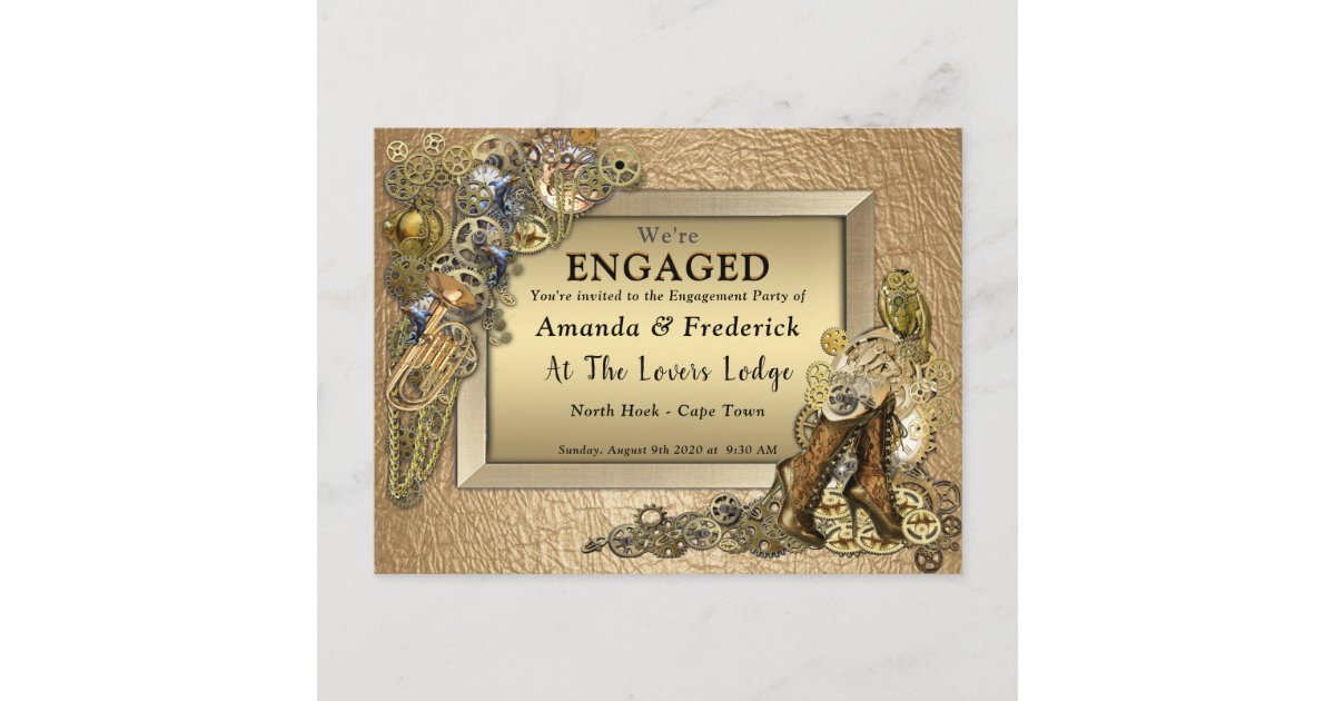 Gothic - Steampunk Gold Leather Engagement Invitation Postcard | Zazzle