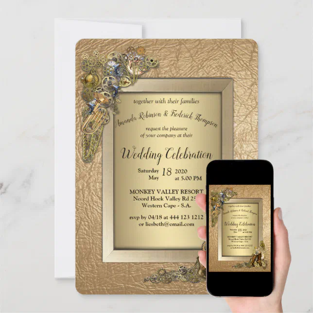 Gothic - Steampunk Wedding On gold leather Invitation | Zazzle