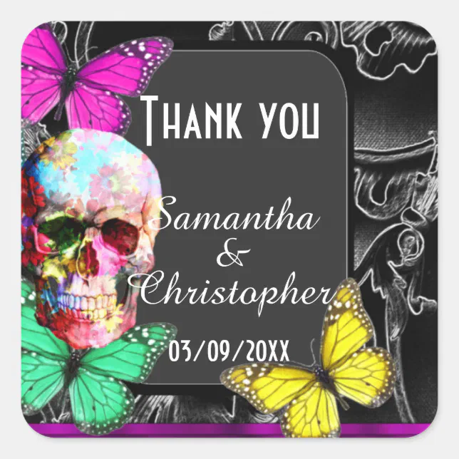 Gothic sugar skull black wedding thank you square sticker | Zazzle