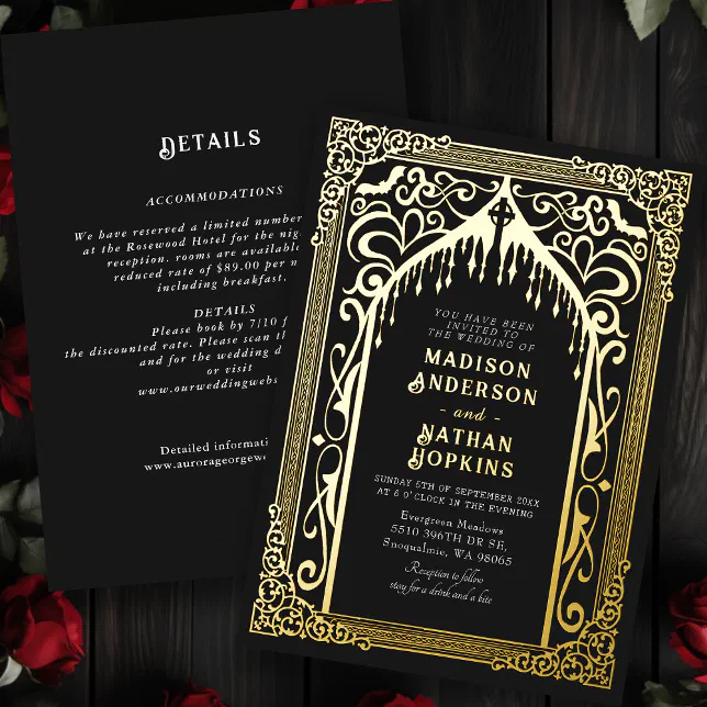 Gothic Vampire Cathedral Wedding All-In-One Foil Invitation | Zazzle