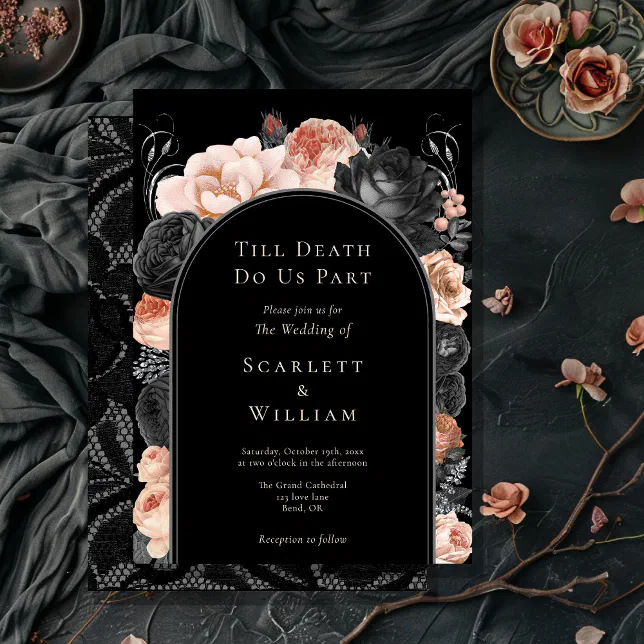 Gothic Vintage Black Blush Arch Till Death Wedding Invitation | Zazzle