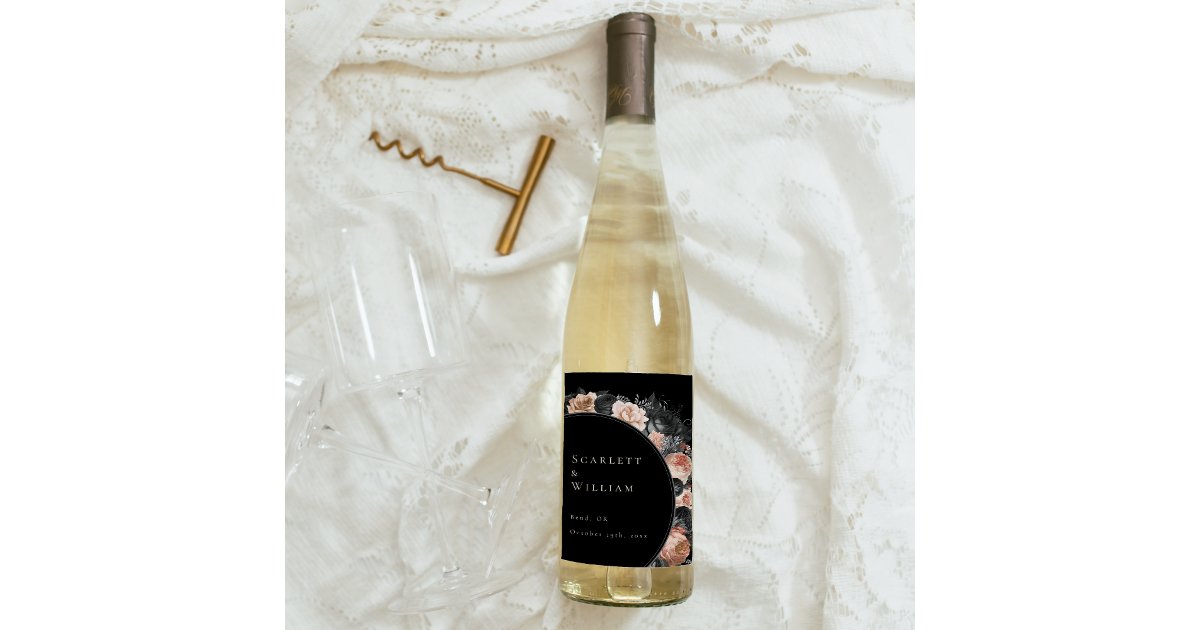 Gothic Vintage Black Blush Wedding Wine Label | Zazzle