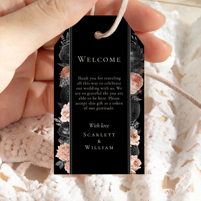 Gothic Vintage Black Destination Wedding Welcome Gift Tags | Zazzle