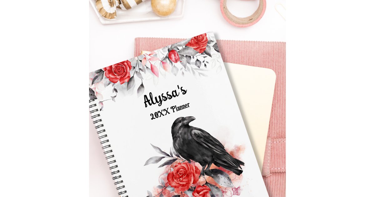 Gothic Watercolor Roses Raven Monogram Calendars Planner | Zazzle