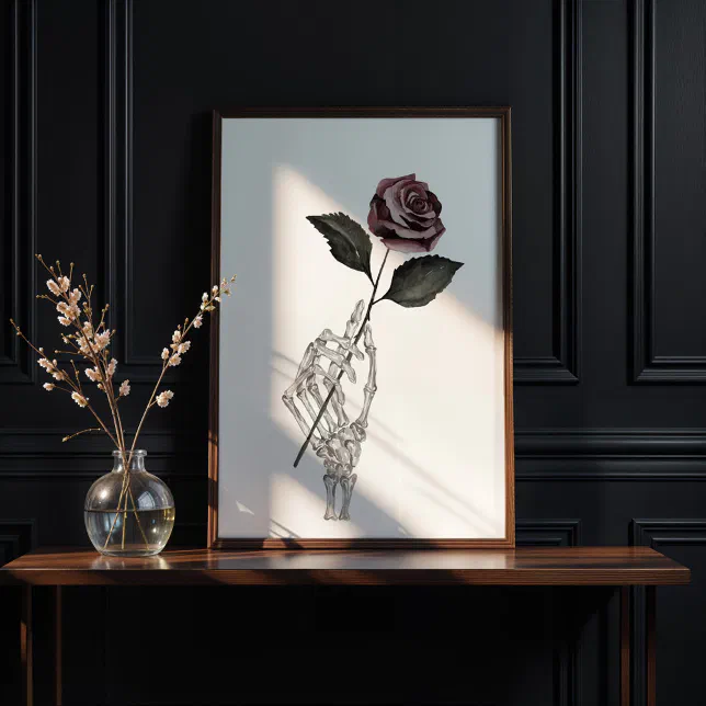 Gothic Watercolor Skeleton Hand Holding Rose Poster | Zazzle