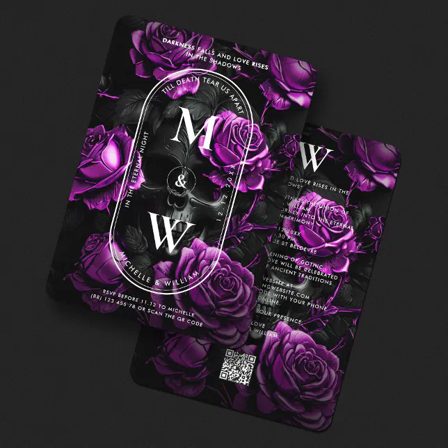 Gothic Wedding Monogram Skull Purple Roses Invitation | Zazzle