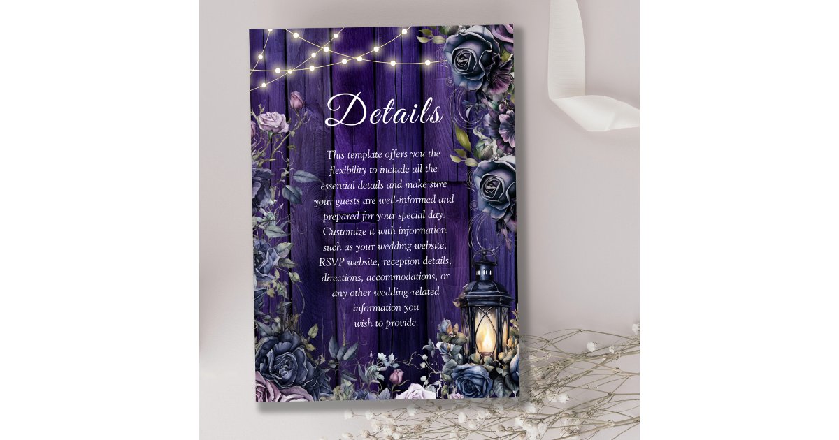 Gothic Wedding Rustic Purple Wood Planks Details Enclosure Card | Zazzle