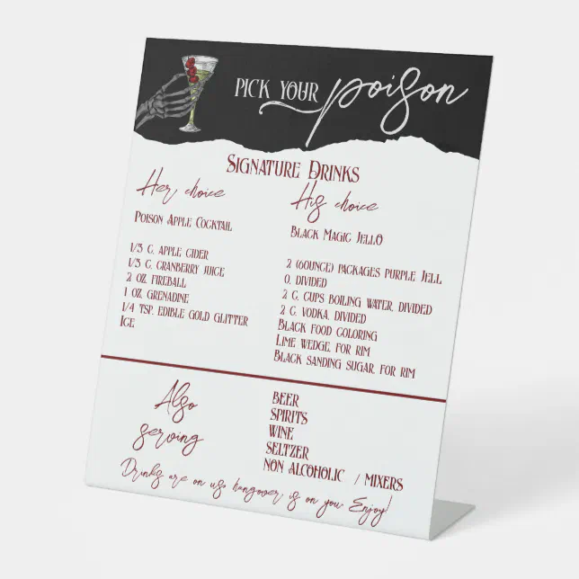 Gothic Wedding Signature Drinks Free Bar Sign | Zazzle