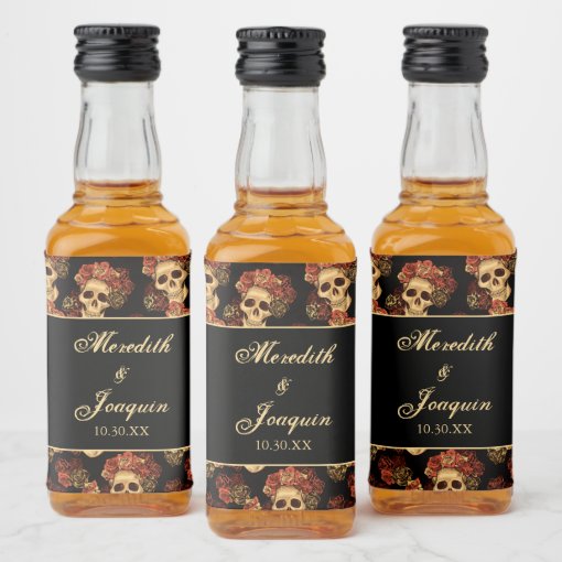 Gothic Wedding Skulls Black Red Rose Custom Liquor Bottle Label | Zazzle