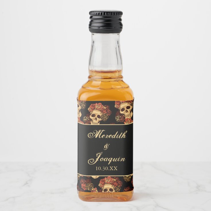 Gothic Wedding Skulls Black Red Rose Custom Liquor Bottle Label | Zazzle