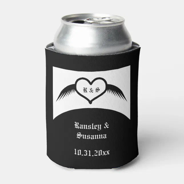 Gothic Wedding Winged Heart Custom Monogrammed Can Cooler | Zazzle