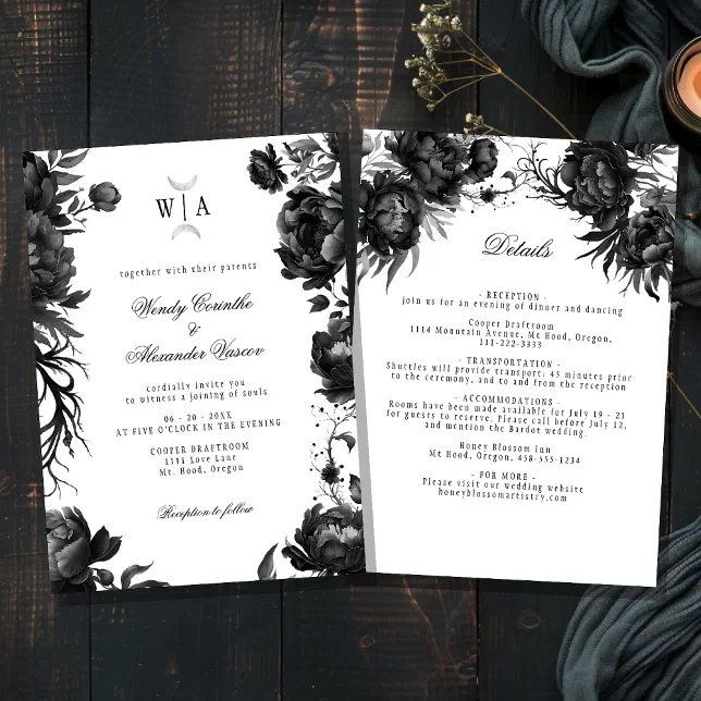 Gothic White Monogram Moon Crest Wedding Details Invitation | Zazzle