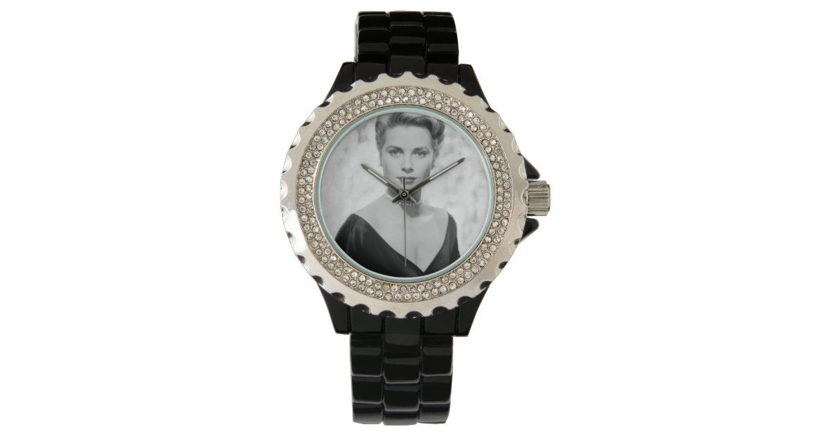 Grace Kelly, 1955 Rhinestone Black Enamel Watch | Zazzle