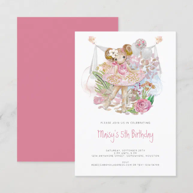Graceful Ballerina Pink Girl 5th Birthday Party Invitation | Zazzle