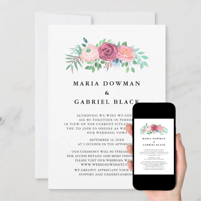 Graceful roses Typography Virtual Wedding Ceremony Invitation | Zazzle