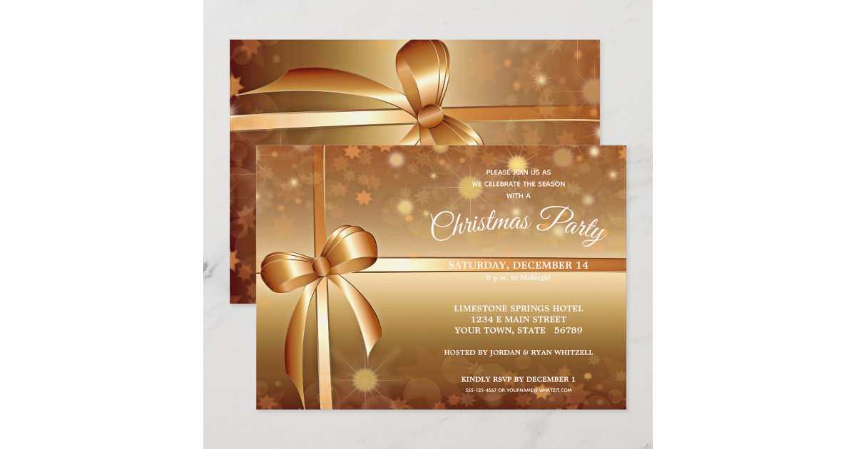 Gracious Gold, White Gift Wrap Christmas Party Invitation | Zazzle