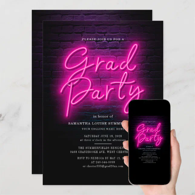 Grad 2023 Pink Neon 2 Photo Black Graduation Party Invitation | Zazzle