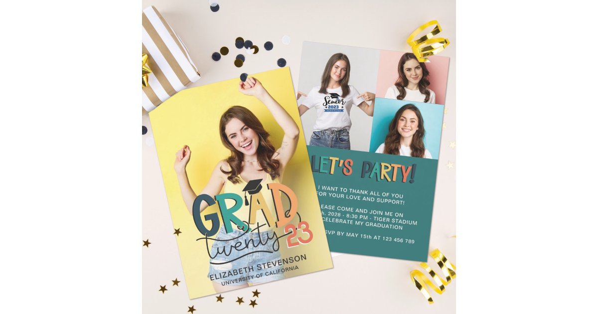 Grad 2023 retro colorful graduation party 4 photo invitation | Zazzle