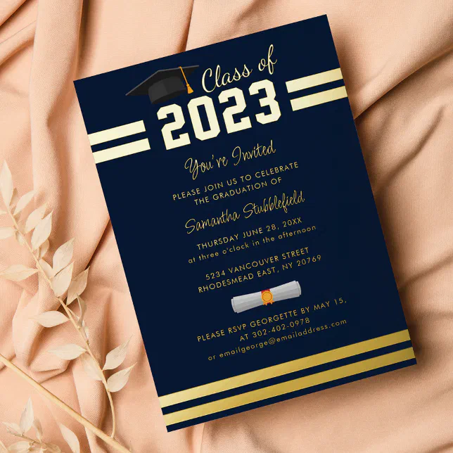 Grad 2024 Navy Blue Graduation Party Gold Foil Invitation | Zazzle