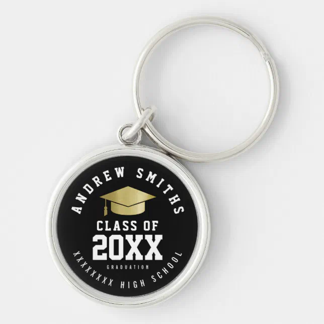 Grad Black Keychain with name and class year | Zazzle
