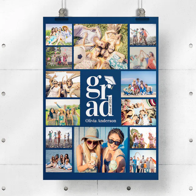 Grad Blue Multiple Photo Collage Memories Poster | Zazzle