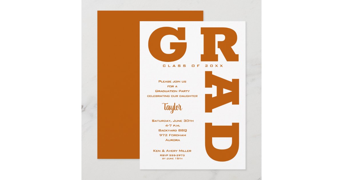 GRAD Burnt Orange Graduation Invitation | Zazzle