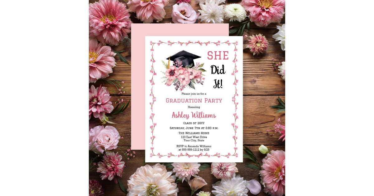 Grad Cap and Pink Floral She Did It Grad Party Invitation | Zazzle