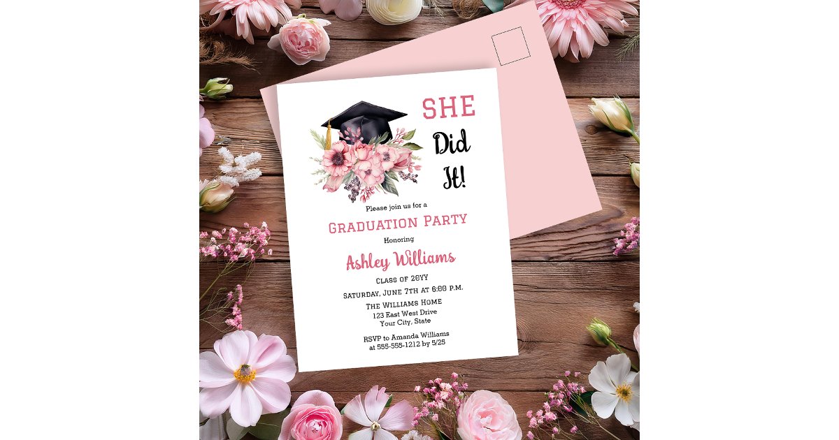 Grad Cap and Pink Floral She Did It Grad Party Invitation Postcard | Zazzle