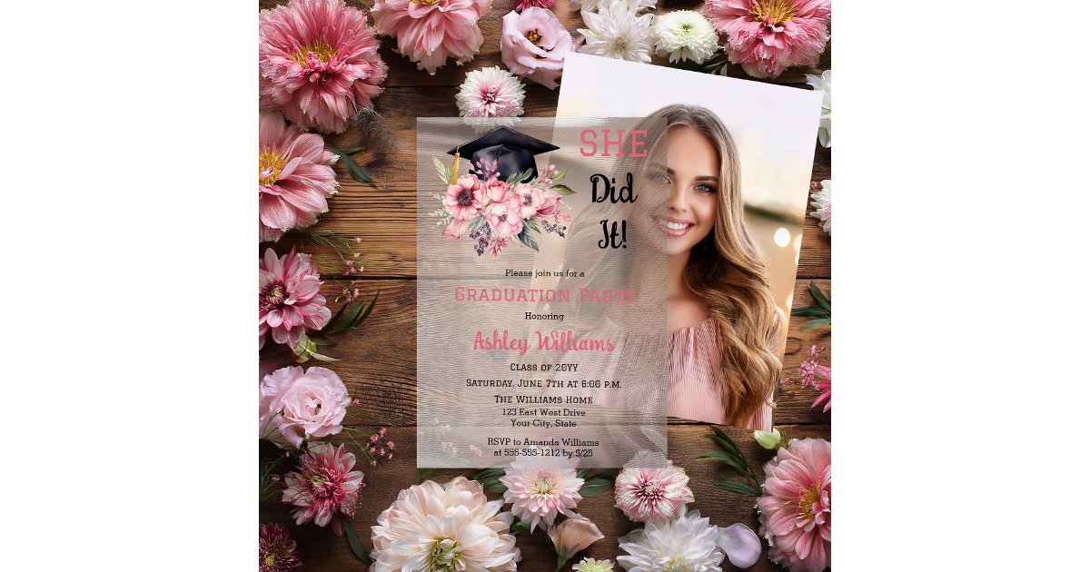 Grad Cap and Pink Floral She Did It Grad Party Vellum Invitations | Zazzle