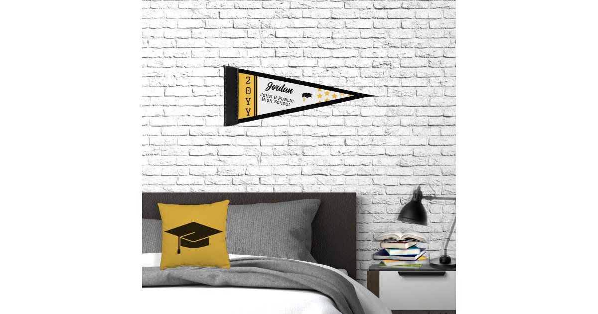 Grad Cap and Stars Class Graduation Yellow Pennant Flag | Zazzle