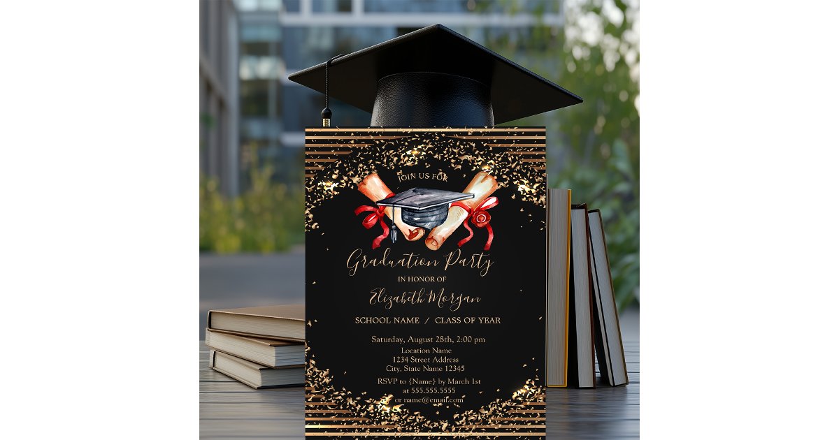 Grad Cap Diploma,Cooper Stripes Graduation Invitation | Zazzle