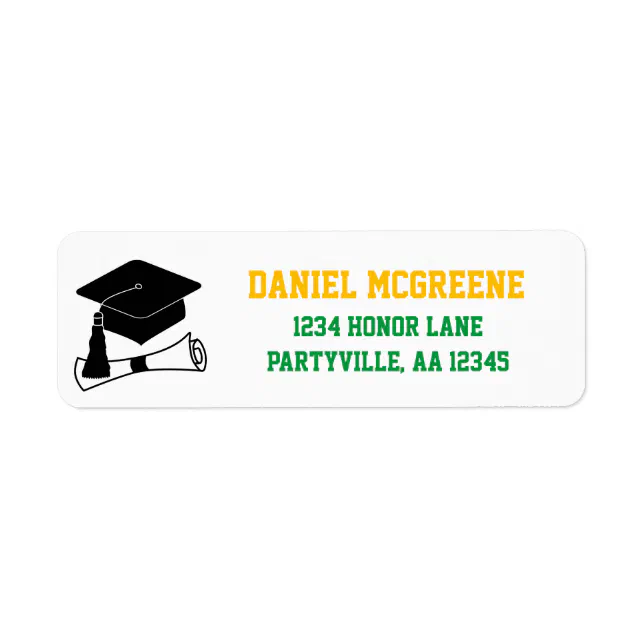 Grad Cap Green and Gold Graduation Address Label | Zazzle