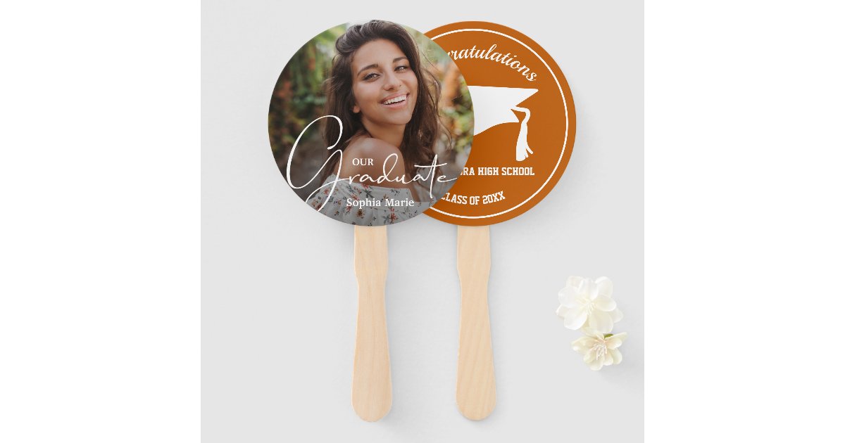 Grad Cap Modern Graduate Photo Burnt Orange Hand Fan | Zazzle