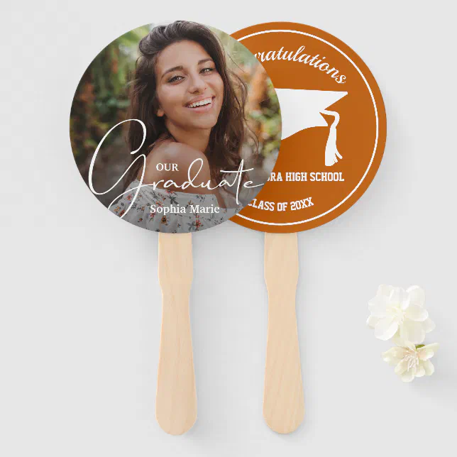 Grad Cap Modern Graduate Photo Burnt Orange Hand Fan | Zazzle