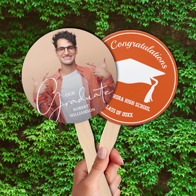 Grad Cap Modern Graduate Photo Orange Hand Fan | Zazzle