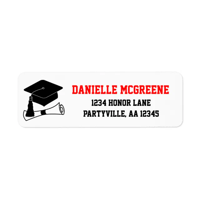 Grad Cap Red and Black Graduation Address Label | Zazzle