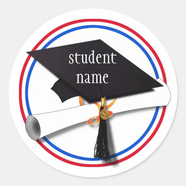Grad Cap - Red & Blue School Colors Classic Round Sticker | Zazzle