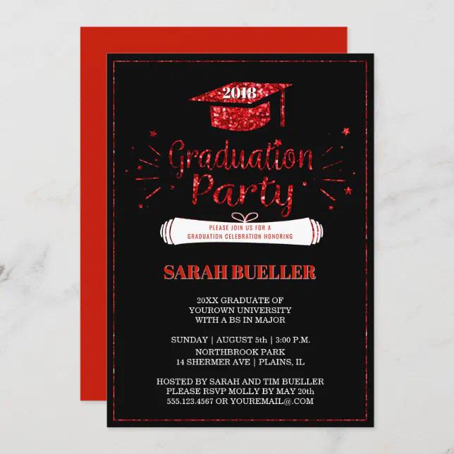 Grad Cap Red Glitter 2018 Graduation Party Invitation | Zazzle