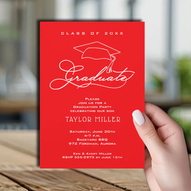 Grad Cap Red Graduation Party Invitation | Zazzle