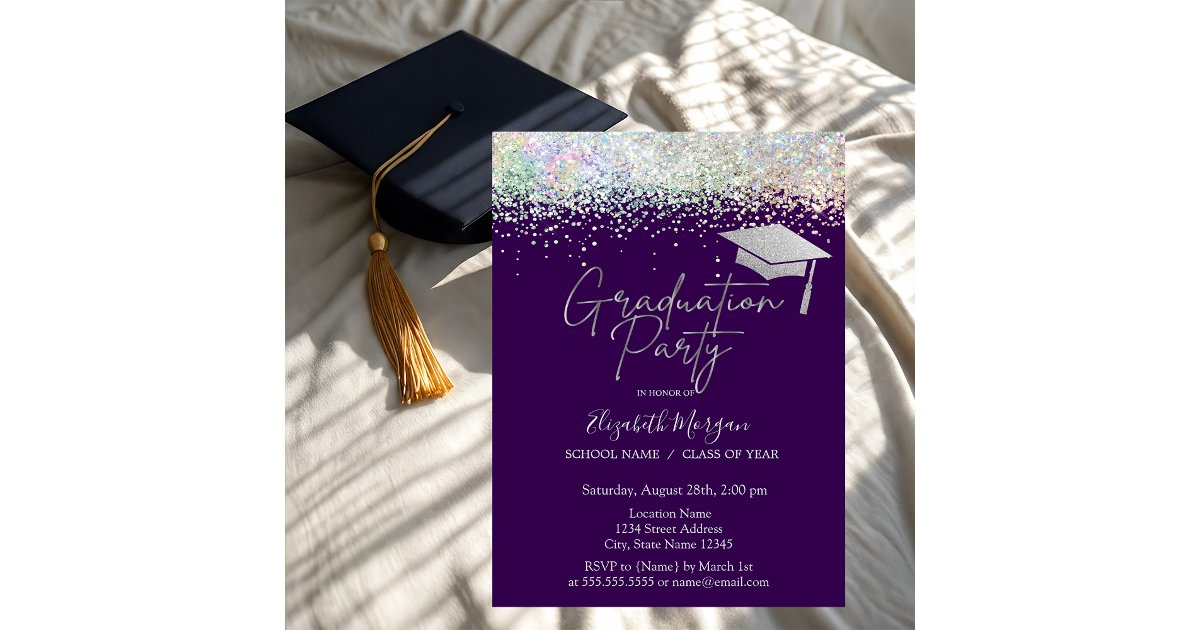 Grad Cap Tassel Confetti Purple Graduation Invitation | Zazzle