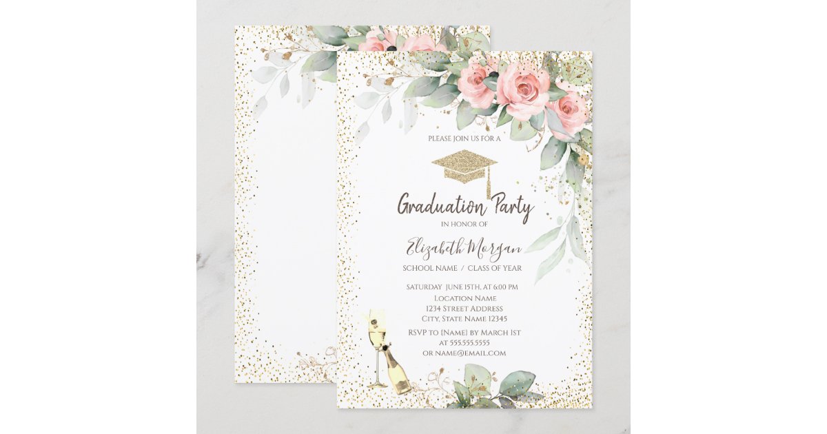 Grad Cap,Wine Glass,Flowers Graduation Invitation | Zazzle