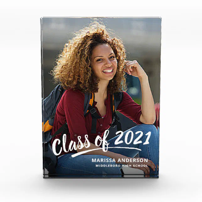 Grad Class Of Modern White Brush Script Photo Block | Zazzle
