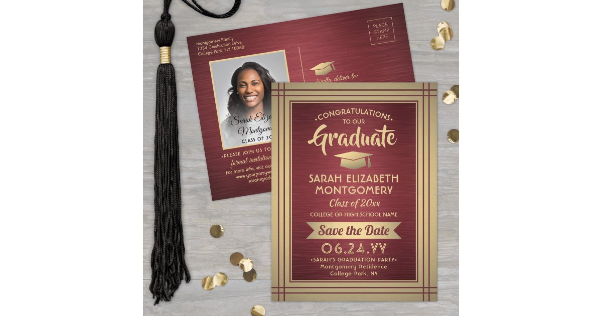Grad Congrats Burgundy & Gold Save the Date Photo Announcement Postcard ...