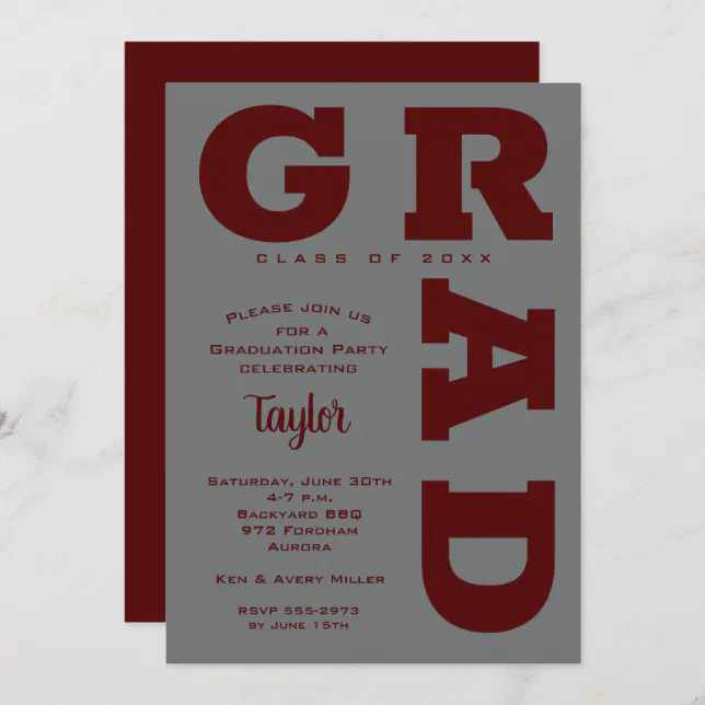GRAD Dark Maroon on Gray Graduation Invitation | Zazzle