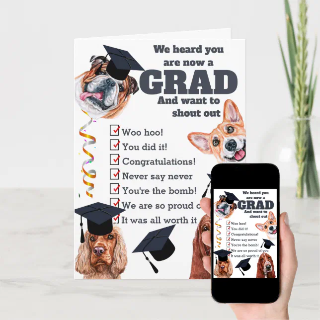 Grad from the gang congratulations dogs with hats card | Zazzle