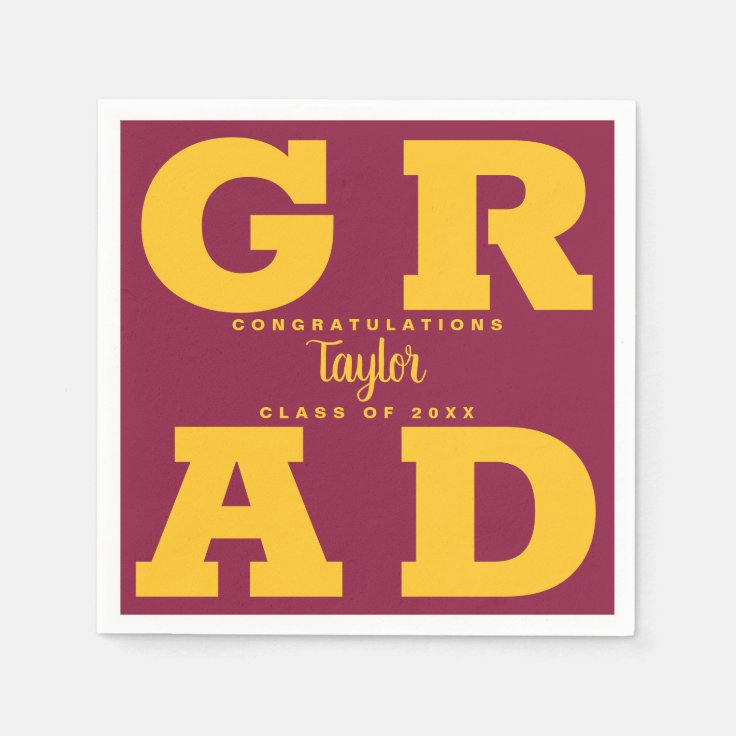 GRAD Gold on Maroon Graduation Party Napkins | Zazzle