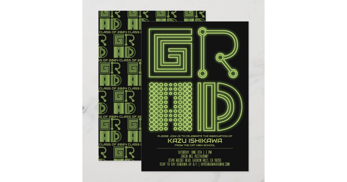 GRAD | Green neon Graduation party Invitation | Zazzle
