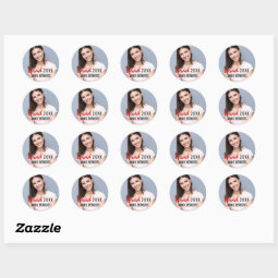 Grad handwritten modern graduation photo classic round sticker | Zazzle